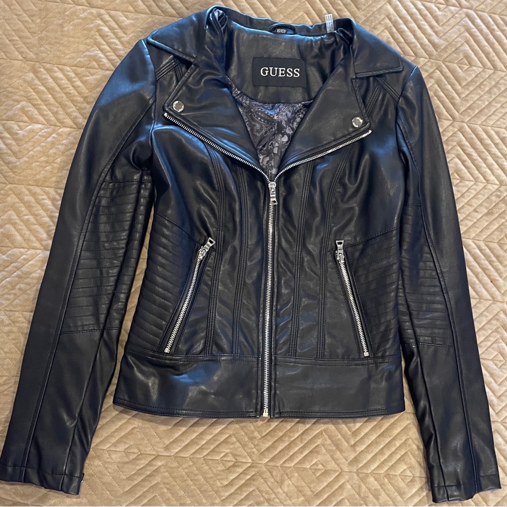 Black, Guess, Faux Leather Jacket, Lined. - Gem